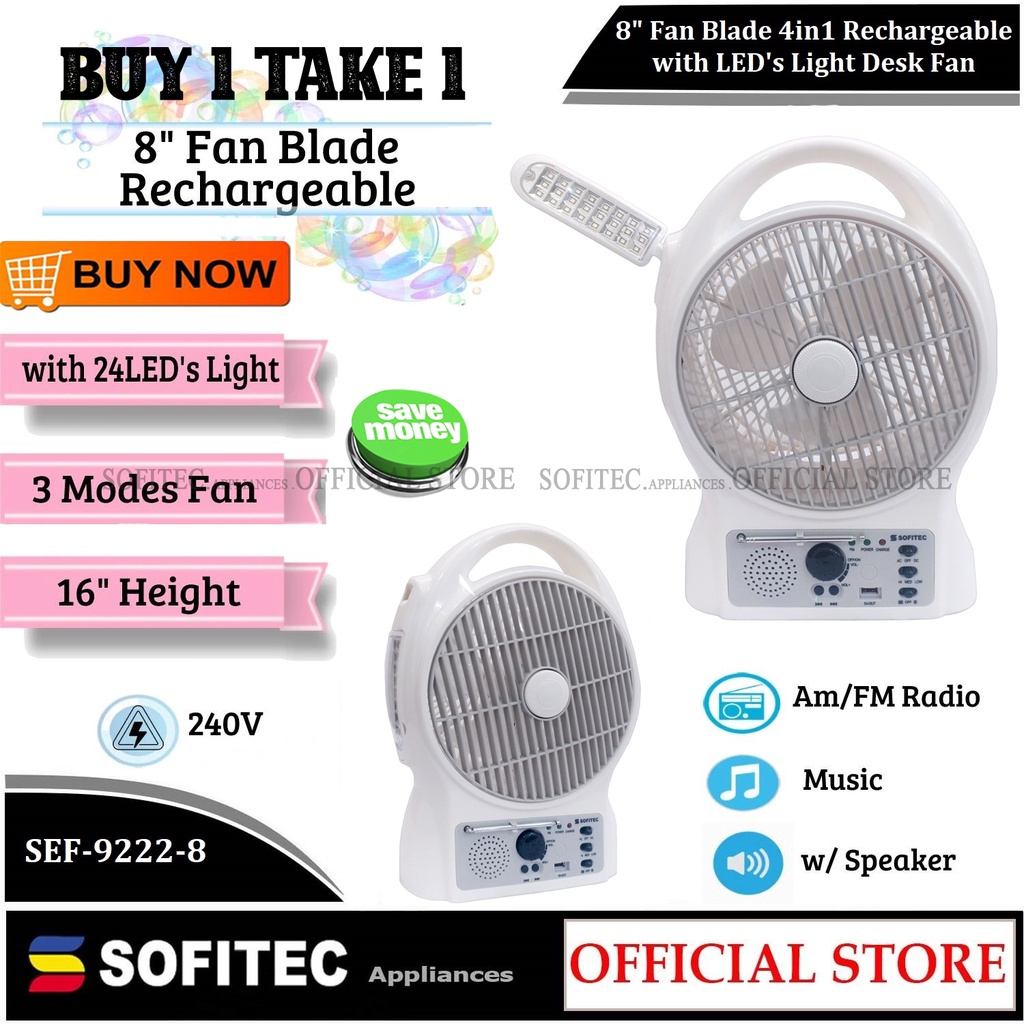 Buy 1 Get 1 Sofitec Rechargeable Desk Fan FM Radio Led Light Portable ...
