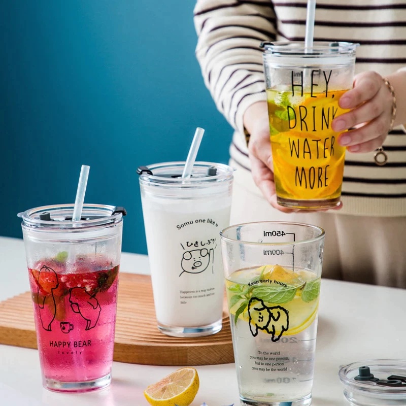 450ML Glass Water Cup Coffee Motivational Transparent With Straw High ...