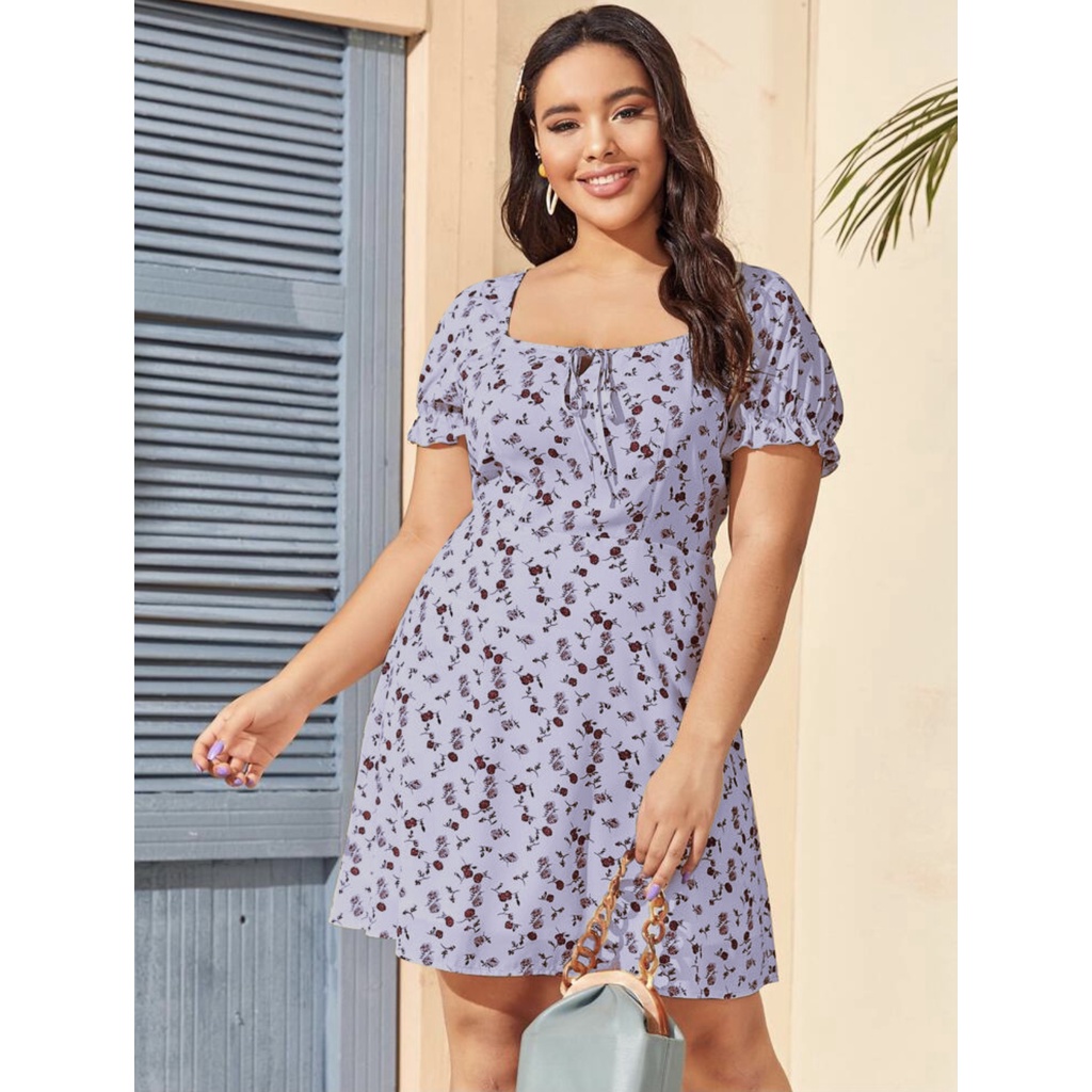 Y499 Miss Muse Ditsy Floral Square Neck Elastic Cuff Plus Size Dress ...