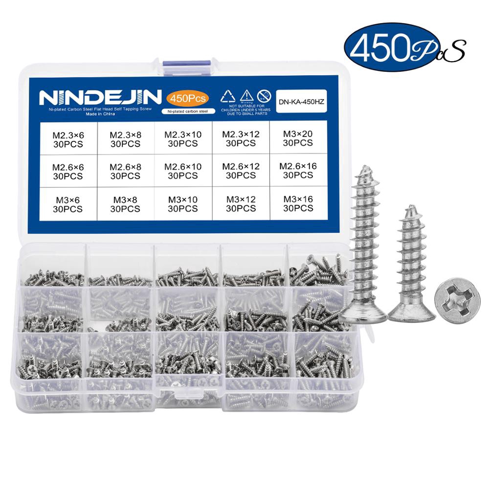 NINDEJIN Nickel Plated Countersunk Flat Head Tapping Screws With Cross Recessed M2.3 M2.6 M3 ...