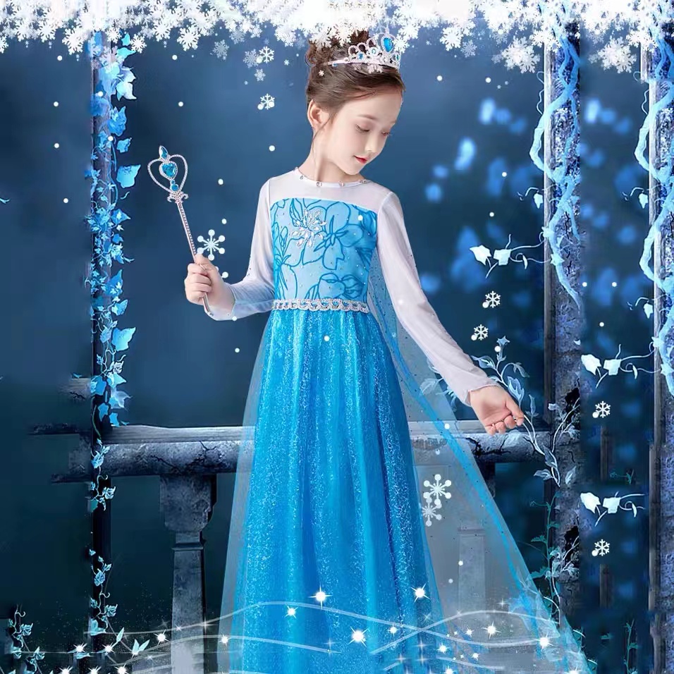 Frozen Dress Elsa Princess Skirt with Crown Magic Stick for Christmas ...