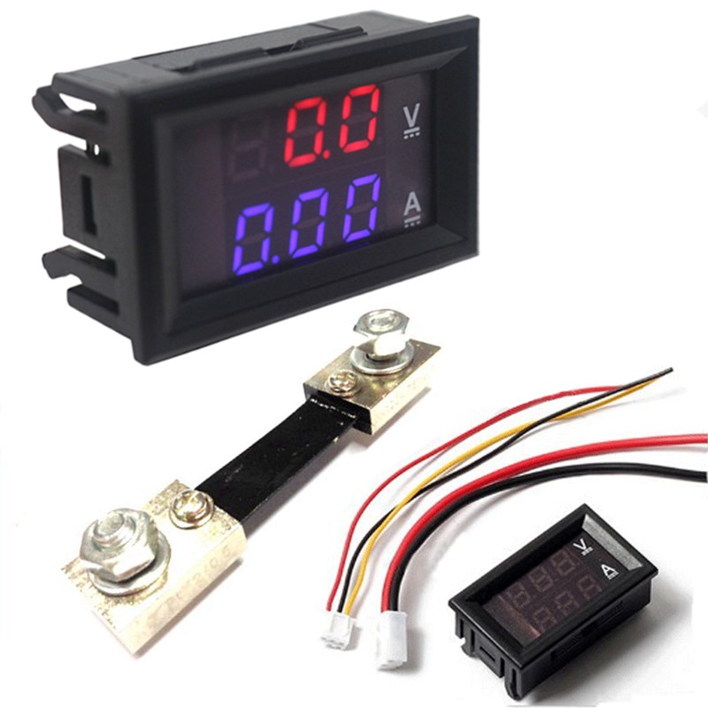 DC 0-100V 10A 50A 100A Digital Voltmeter Ammeter Red + Blue LED Dual Display Voltage Current ...
