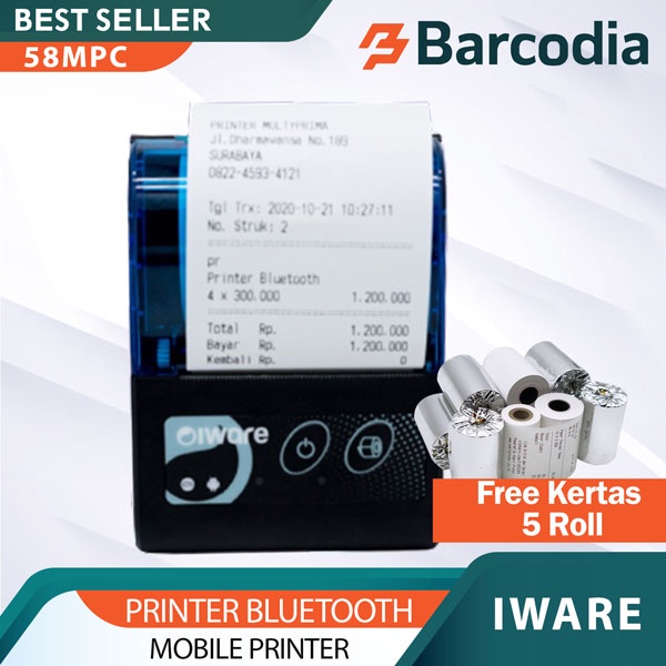 BARCODIA Mobile Printer Bluetooth IWARE MP-58MPC (Free 5 Rolls of Paper ...