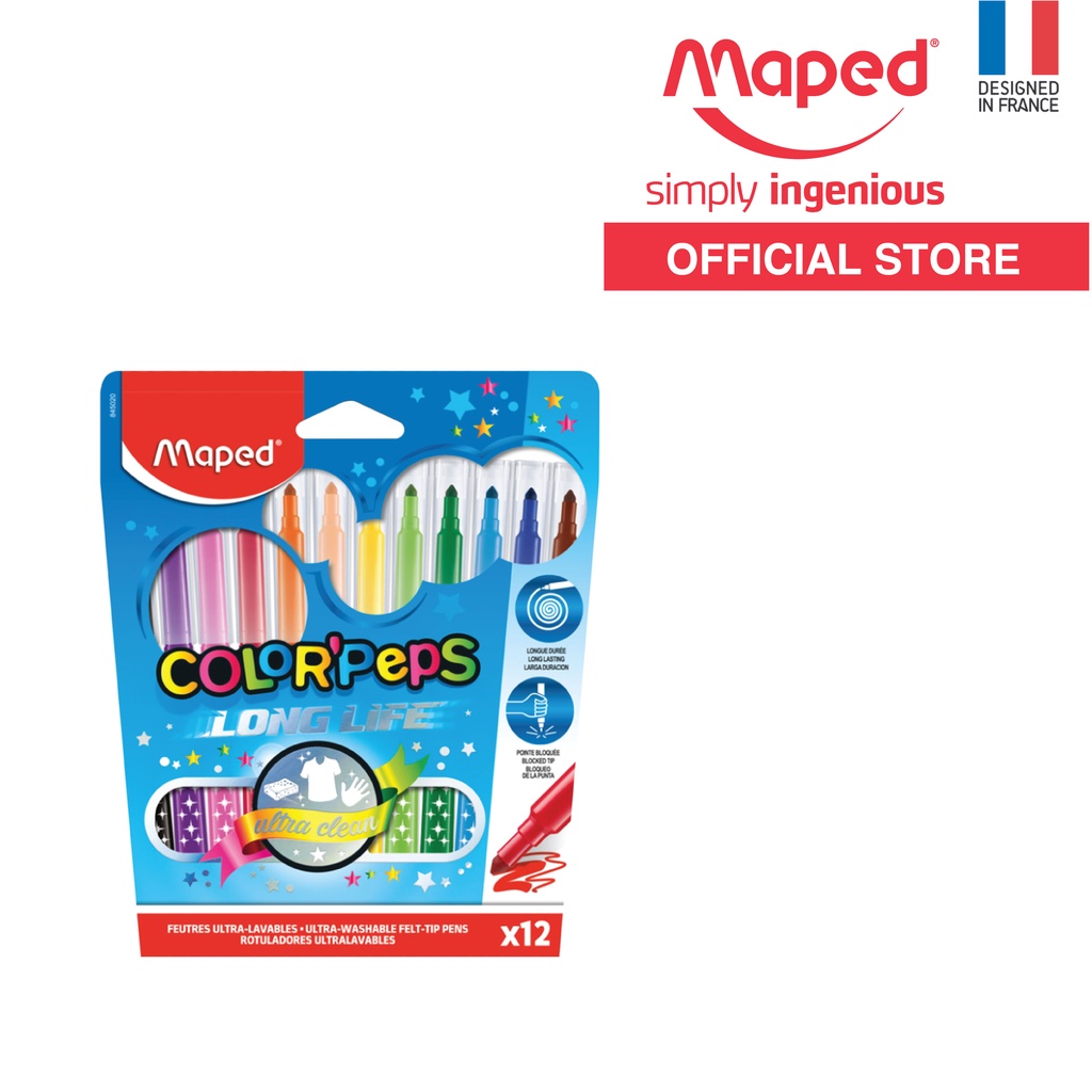 Maped Long Life Color Peps Felt Pens 845020 845010 (12 Colors, Felt Tip ...