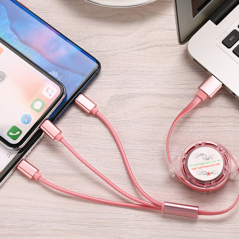 Universal 3 in 1 Telescopic Fast Charging Cable Retractable Type-C Data Transfer Cable Multi ...