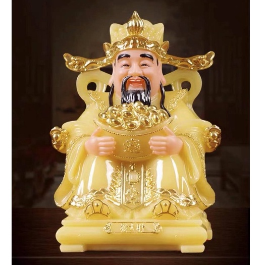 GOLDEN JADEITE WEALTH GOD HOLDING WEALTH POT TSAISHEN FIGURINE STATUE ...