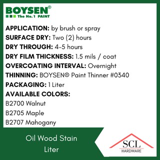 BOYSEN Oil Wood Stain Liter (Mahogany, Walnut, Maple, Oak) | Shopee ...