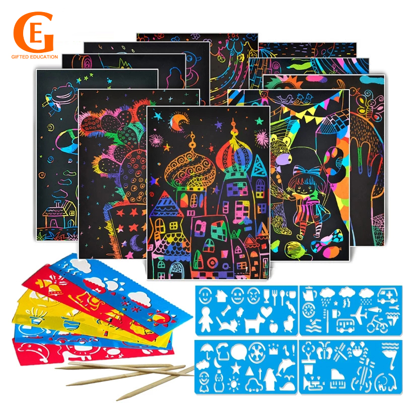 Magic Color Rainbow Scratch Paper Set with Painting Template and Wooden ...