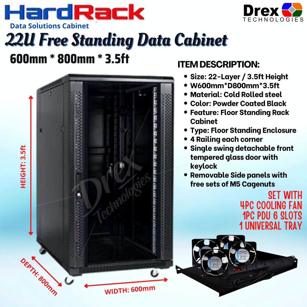 Hard Rack 22U 600x800x3.5FT Free Standing Data Cabinet W/ 4 Exhaust Fan ...
