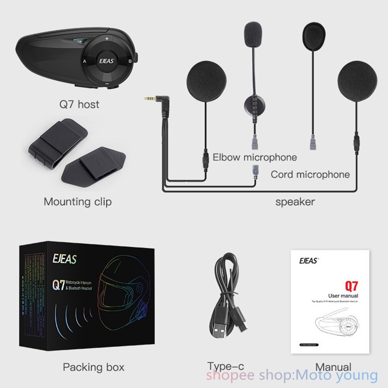 EJEAS Q7 800m 7 Rider Motorcycle Intercom CVC Noise Cancelling 3D Sound ...