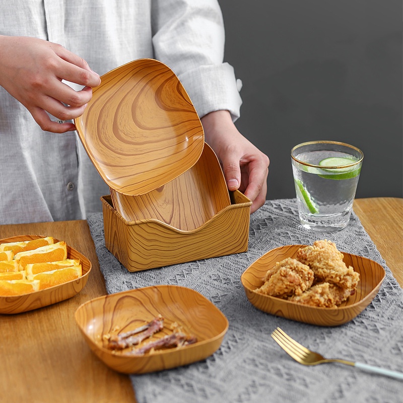 Plastic Fake Wood Grain Pattern Serving Plate Dessert Snack Fruit Dish ...