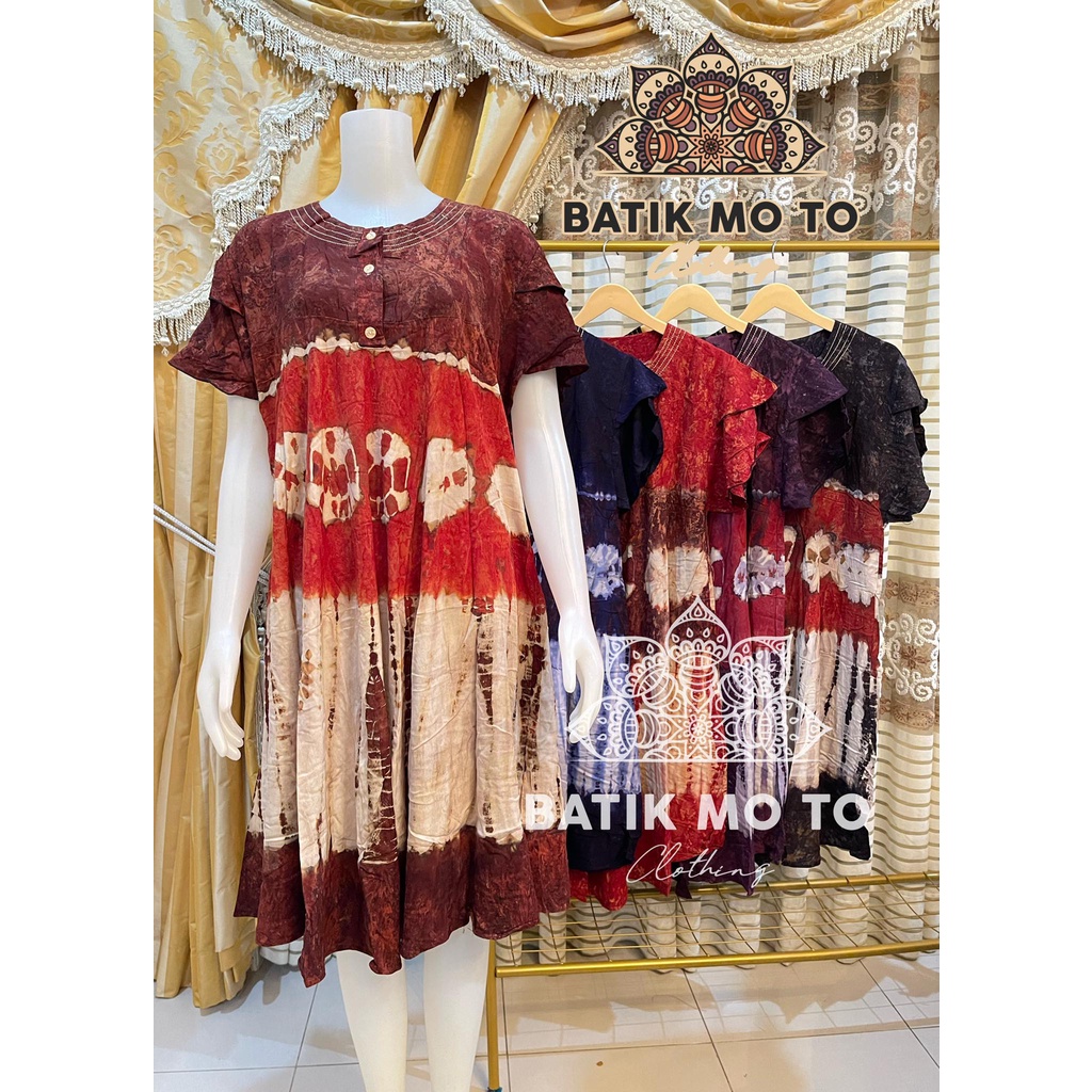 BATIKMOTO Gold Brown Classic Tie Dye Button Batik Daster Dress Summer ...