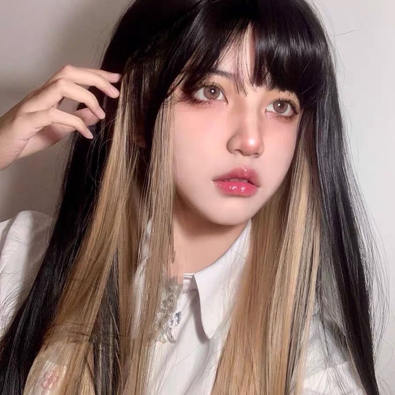 Wig Female Black Linen Long Straight Hair Wig Highlighting Fake Hair ...