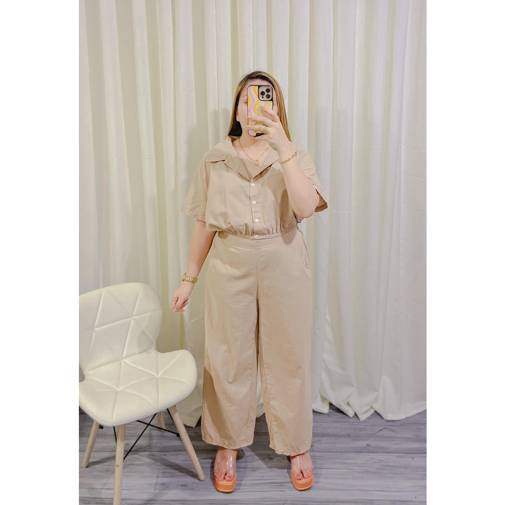 Cotton Linen Polo w/ Garterized Hem Semi Crop-top Squarepants Terno For ...