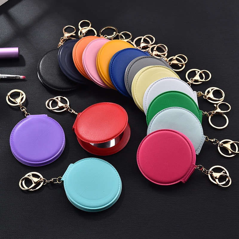 Small Round Mirror Keychain PU Leather Key Chain Car Bag Key Ring For ...