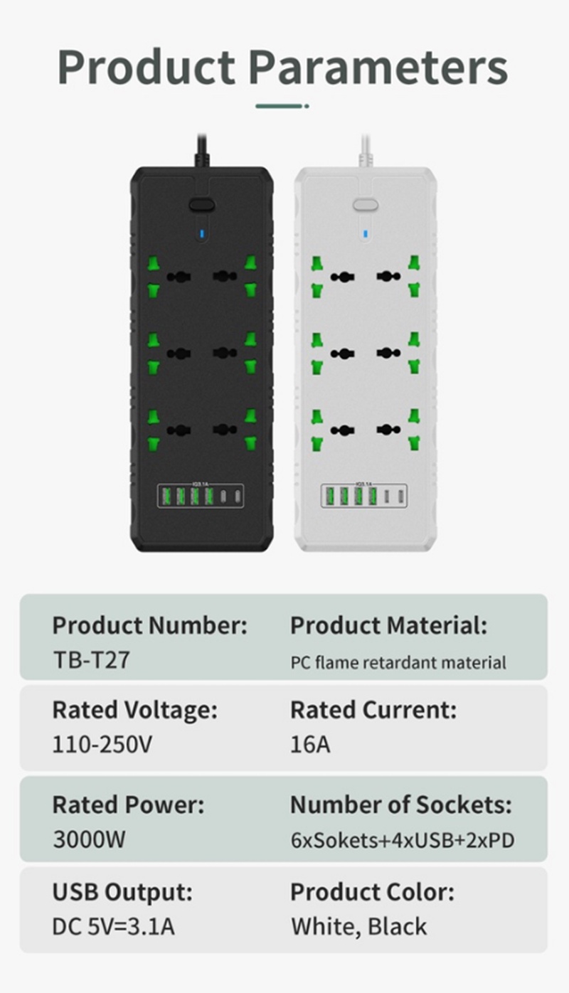 TB-T27 3.1A 4 USB Port 6 Socket and 2 Type-C Ports Universal Power ...