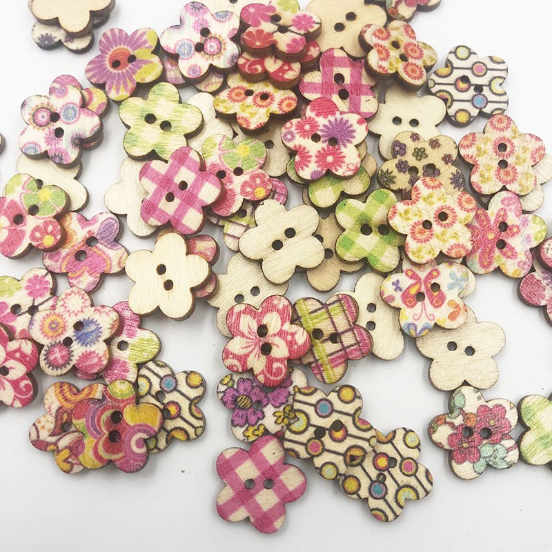 50Pcs Mixed Wood Flower Sewing Buttons For Kids Clothes Scrapbooking ...