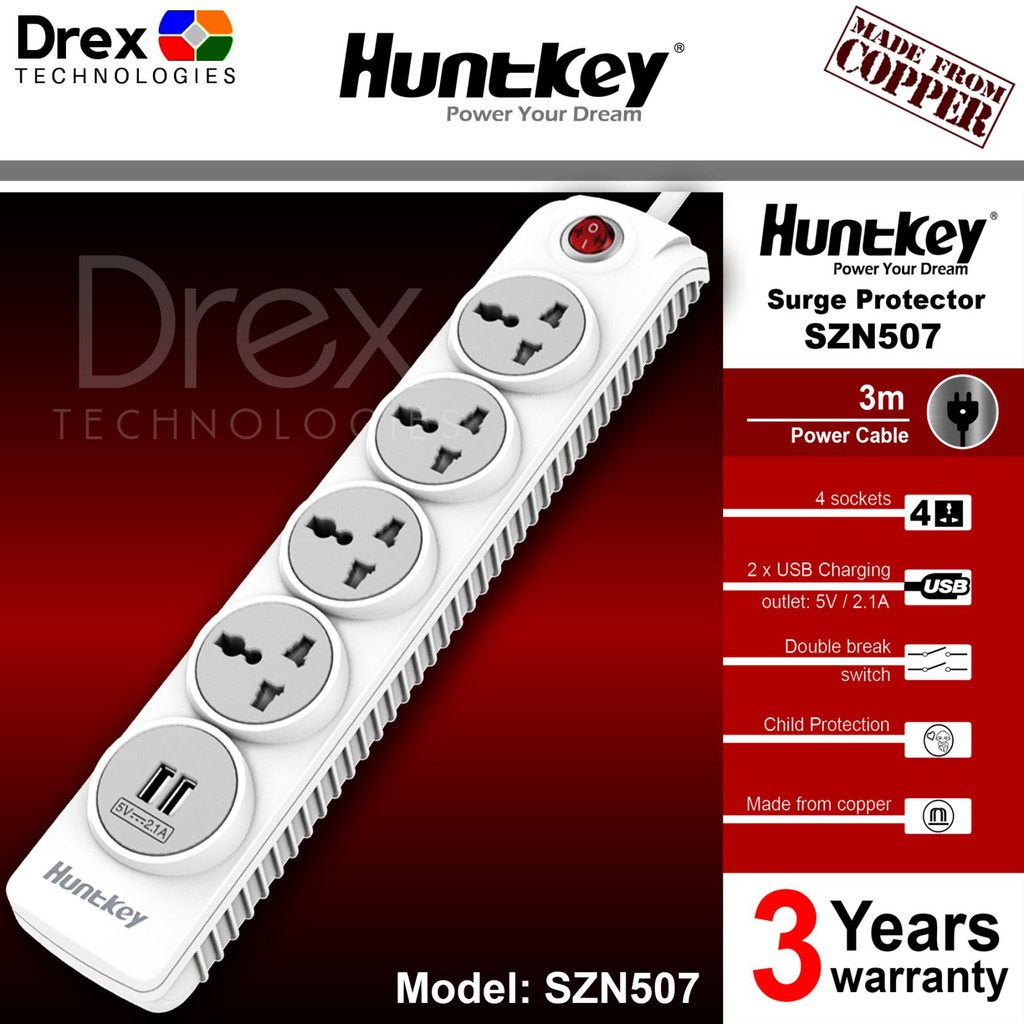 Huntkey 4 Socket + 2 Usb Charging Port Power Strip Power Extension Szn507 | Shopee Philippines