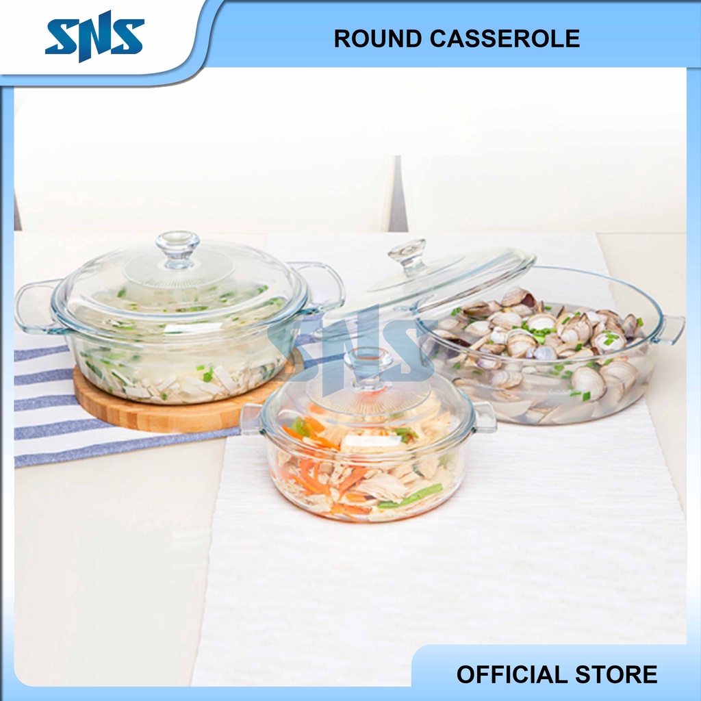 SNS 0.8L/1.0L/1.7L Round Microwaveable Tempered Glass Casserole ...