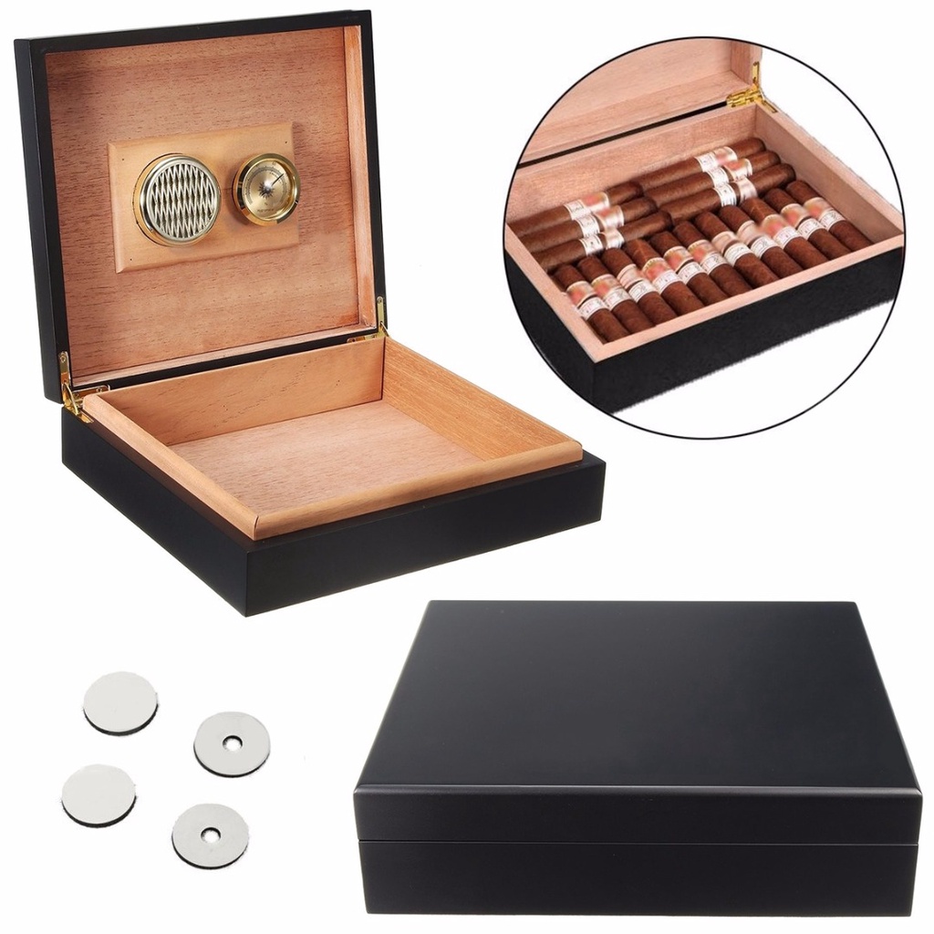 Black Cigar Storage Case Box with Humidor Humidifier Hygrometer Cedar ...