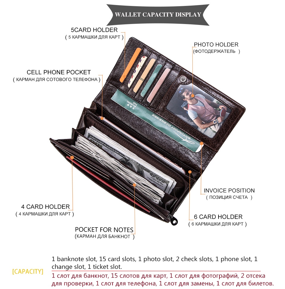 CONTACT'S Genuine Leather Men Long Wallets with Zipper Coin Purse Large ...