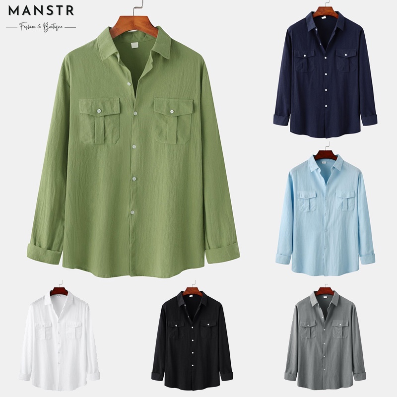 Men's Casual Linen Cotton Long Sleeve Plain Shirt with Two Pockets ...