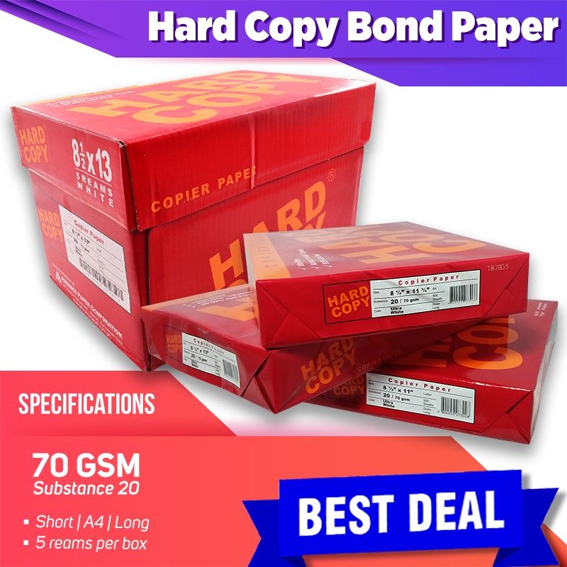 HARD COPY BOND PAPER 70GSM SHORT,A4,LONG 1 ream | Shopee Philippines