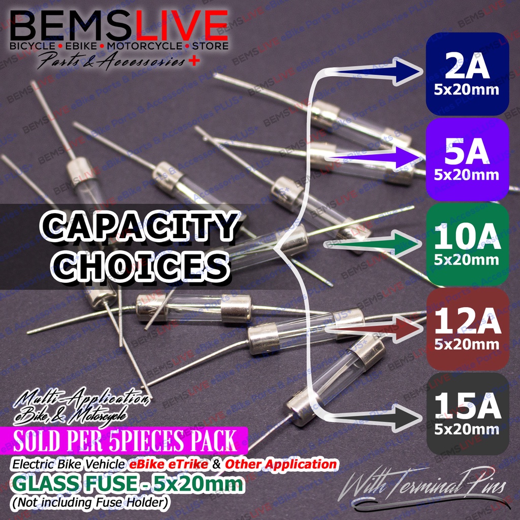 5pieces 5x20mm 2A 5A 10A 12A 15A Glass Fuse TERMINAL PINS for eBike ...