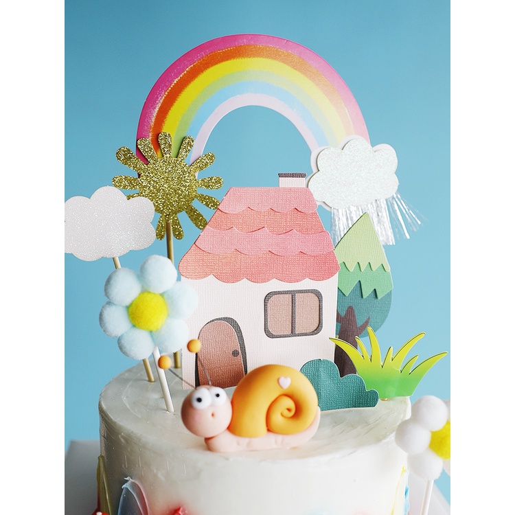 Farm animal snails Cake Topper Rainbow Sun House Kids Happy Birthday ...