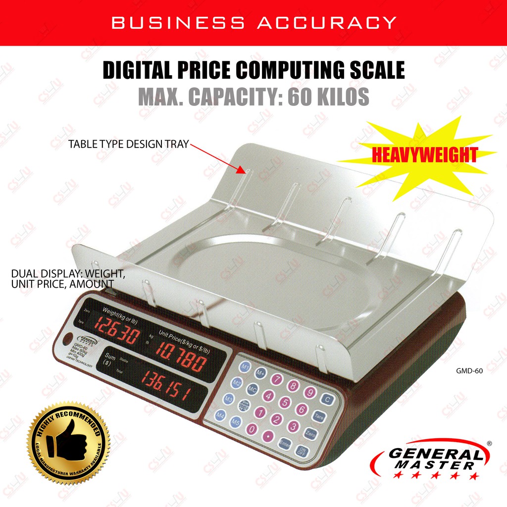 Digital Weighing Scale with Price Computing 60kg. Brand: General Master ...