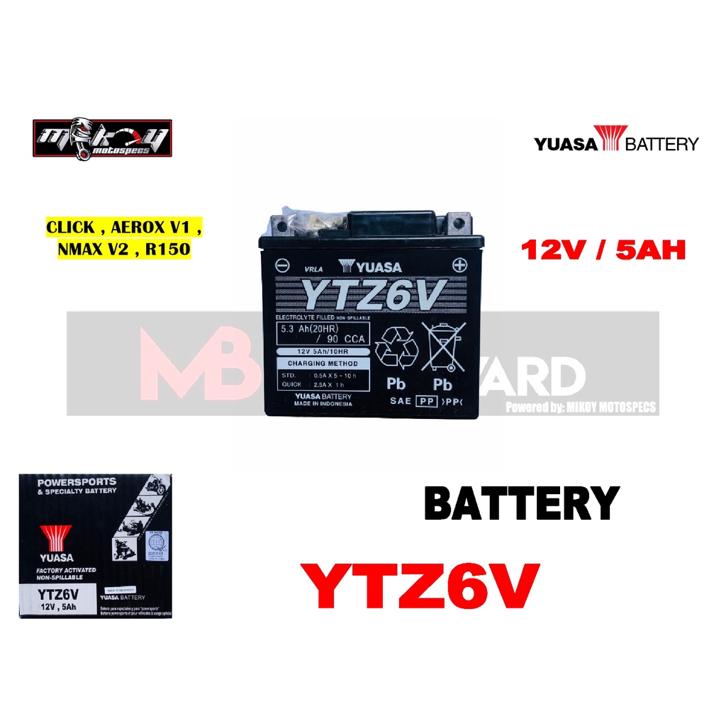 YUASA BATTERY / BATERYA YTZ6V 12V/5AH FOR CLICK / AEROX V1 / NMAX V2 ...