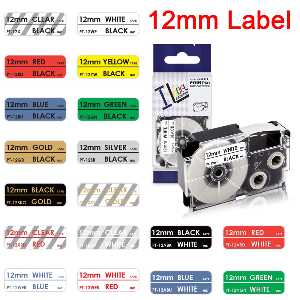 12mm Label Tape Compatible Casio Label Printer XR Tape XR-12WE XR12WE ...