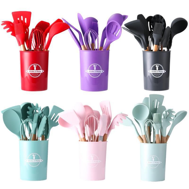 12pieces Silicone Kitchen Set Natural Wooden Plastic Handle Non-stick ...