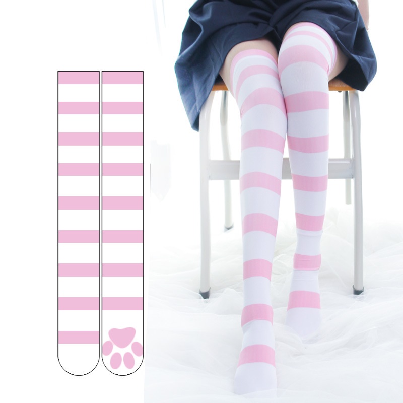 Lolita Over Knee Socks Pink Strip Kawaii Cat Paw Print Stockings Lolita ...