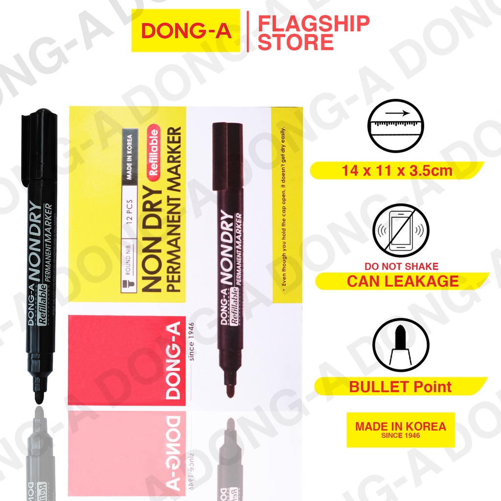 Dong-A REFILLABLE Non-Dry Permanent Marker, BLACK 12pcs/box 112651 ...