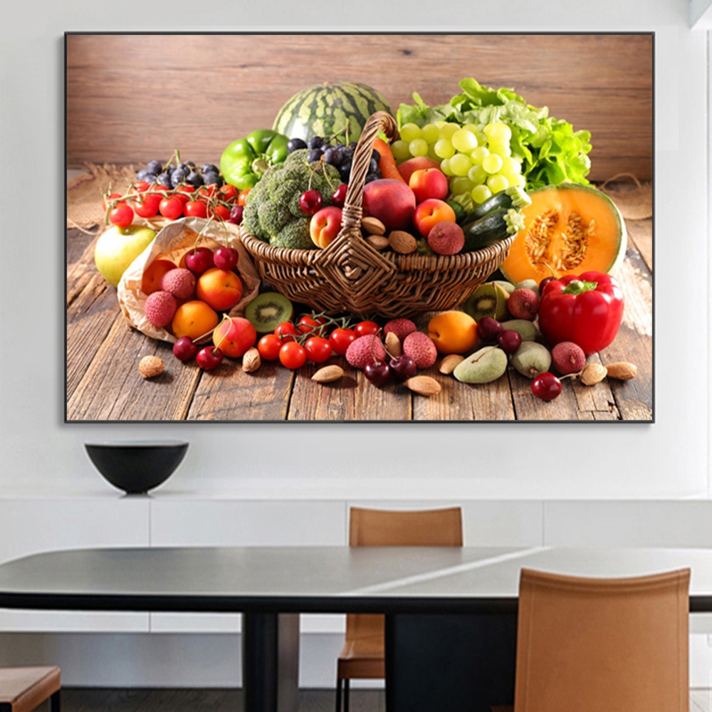 Vegetable And Fruits In Basket Kitchen Decor Poster And Prints Green ...
