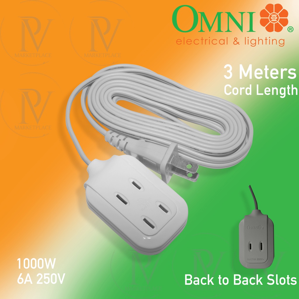 OMNI 3 gang Extension Cord 3Meter Wire 1000watts | Shopee Philippines