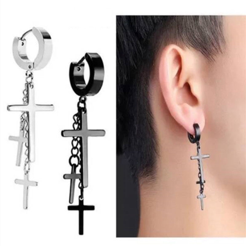 flowersqueen 1pc Men's Black Dangle Earring Cross Drop Hoop Ear Lobe ...