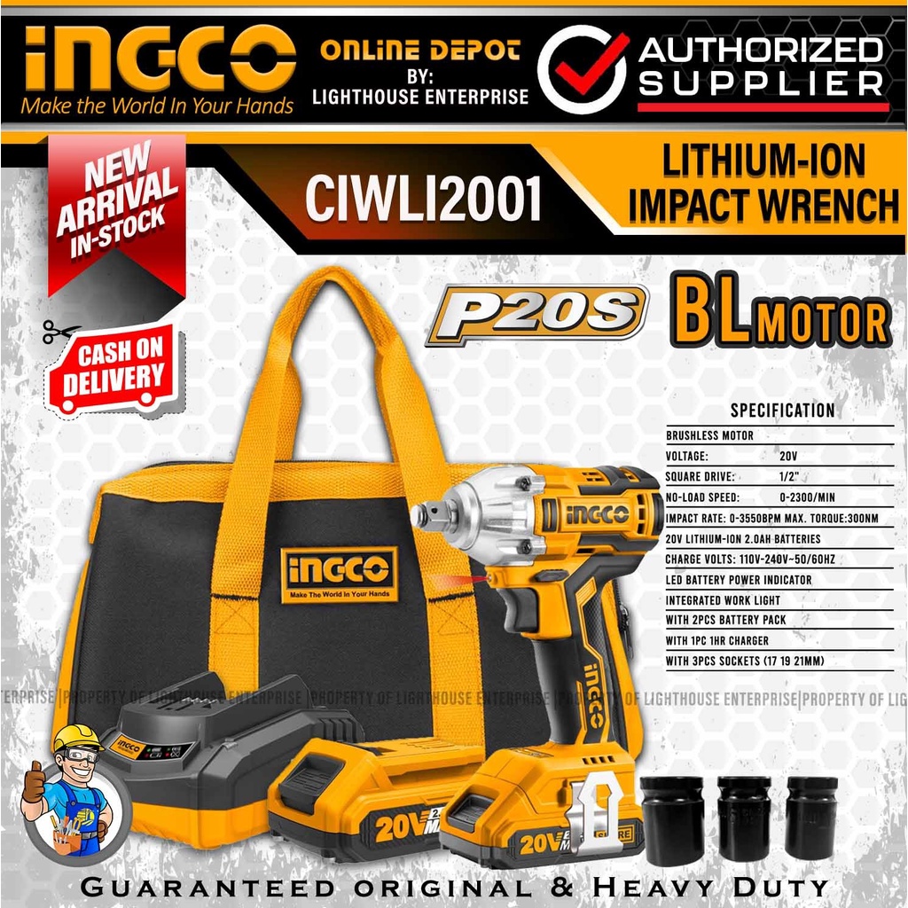 INGCO 20V Brushless Cordless Impact Wrench 1/2 Drive (CIWLI2001 ...
