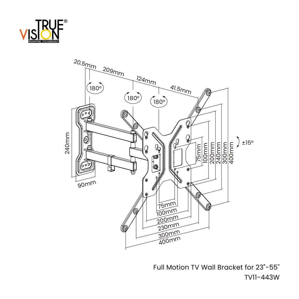 True Vision Full Motion TV Wall Bracket for 23"-55" TV11-443W | Shopee ...