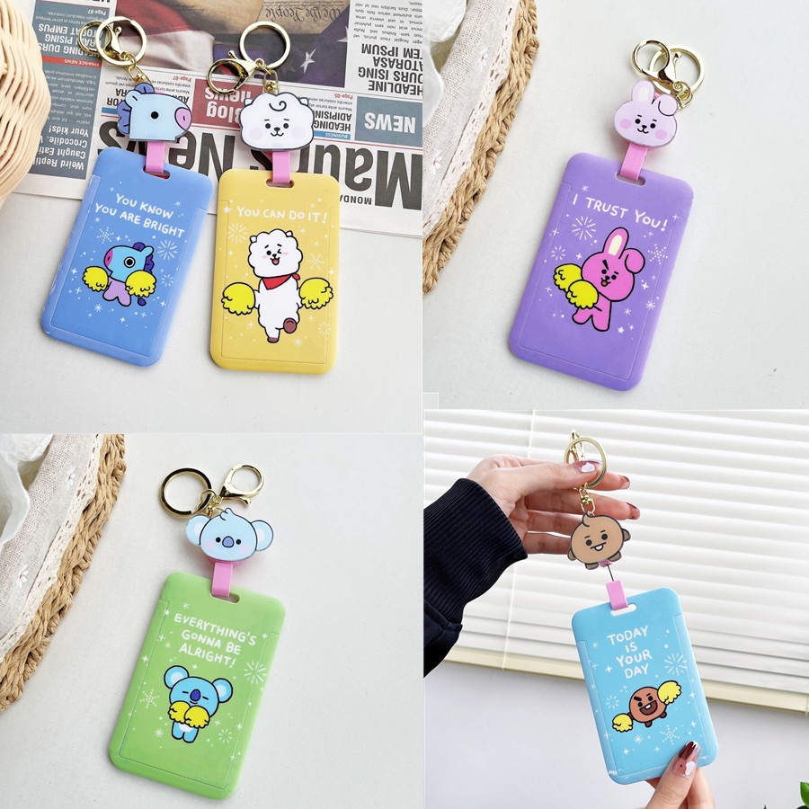 KPOP BT21 Card Photocard Protector Holder Hard Case Key Ring with Stretchable Hanging Chain ...