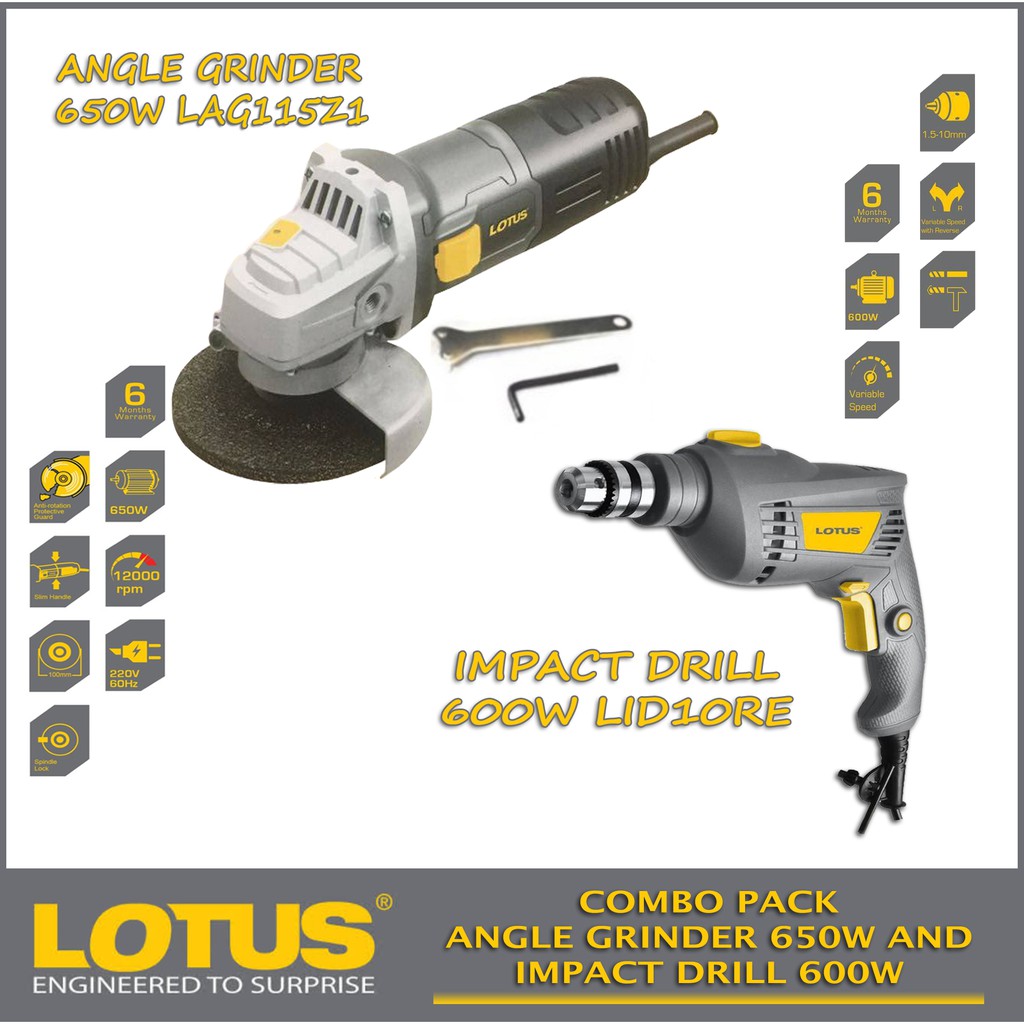 Lotus Combo Pack Angle Grinder 650W LAG115Z1 and Impact Drill 600W ...