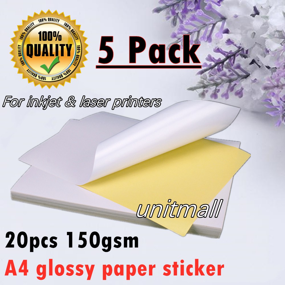 5 pack Sticker Paper 150gsm Glossy Printable Adhesive Sticker Paper For ...