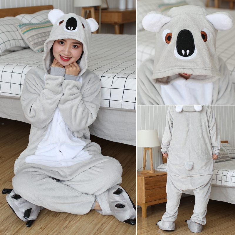 Adults Cartoon Grey Koala Onesies Women Flannel Long Sleeve Pajamas ...