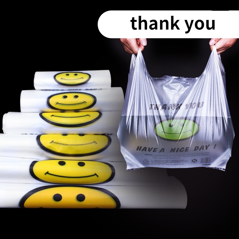 100pcs cute smiley thank you shopping bag cartoon smiley transparent ...
