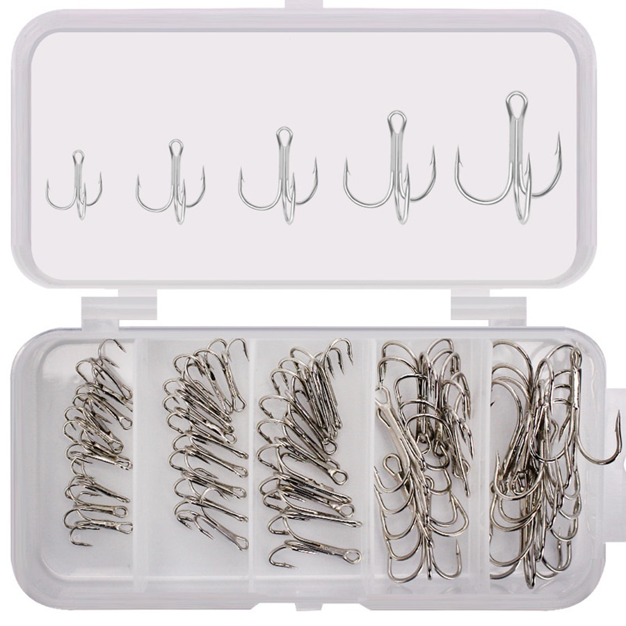 50pcs Mixed Size Barbed Fishing Treble Hook Set 4# 6# 8# 10# Carp Steel ...