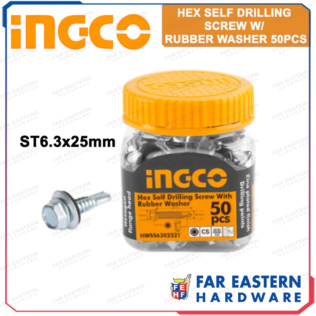 INGCO Hex Self Drilling Screw with Rubber Washer 50PCS HWSS6302521 INHT ...