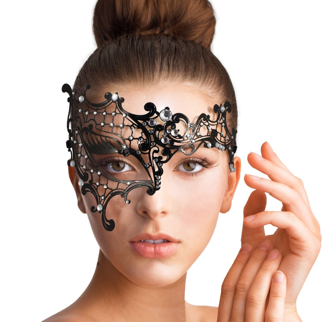 Black VENETIAN Lace Metal MASK | Masquerade Half-face Clear Diamante ...