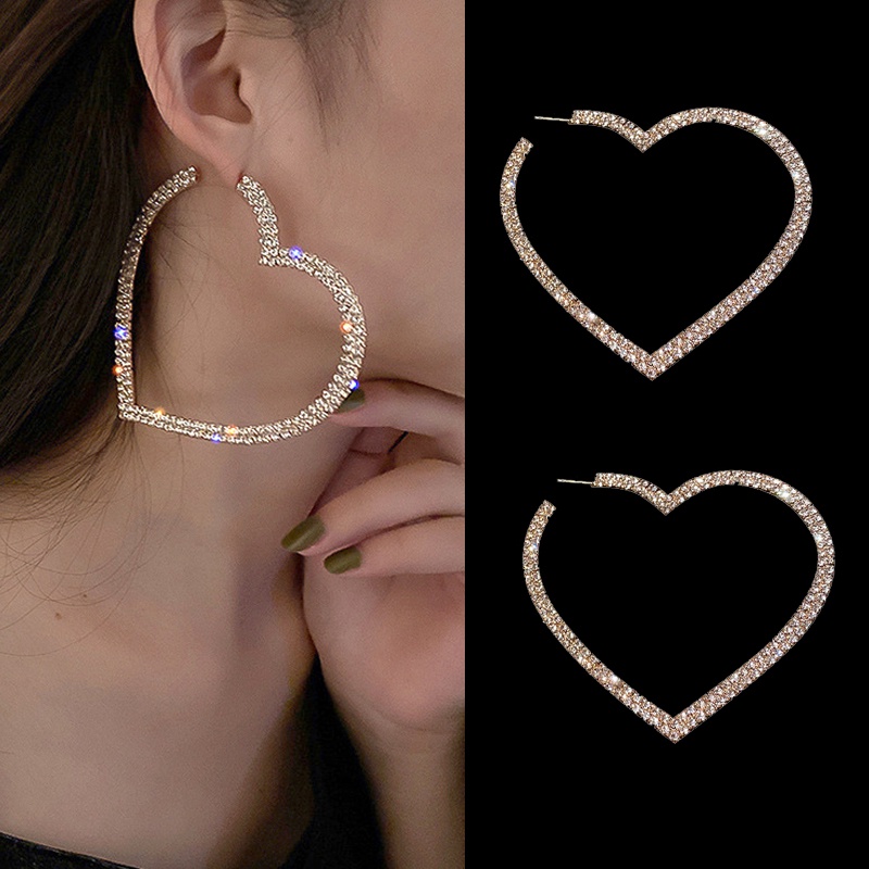 Fashion Big Heart Crystal Hoop Earrings for Women Geometric Rhinestones ...
