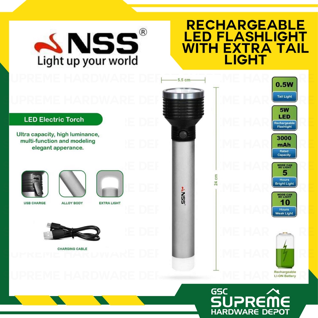 NSS Rechargeable LED Flashlight with Extra Tail Light | Shopee Philippines